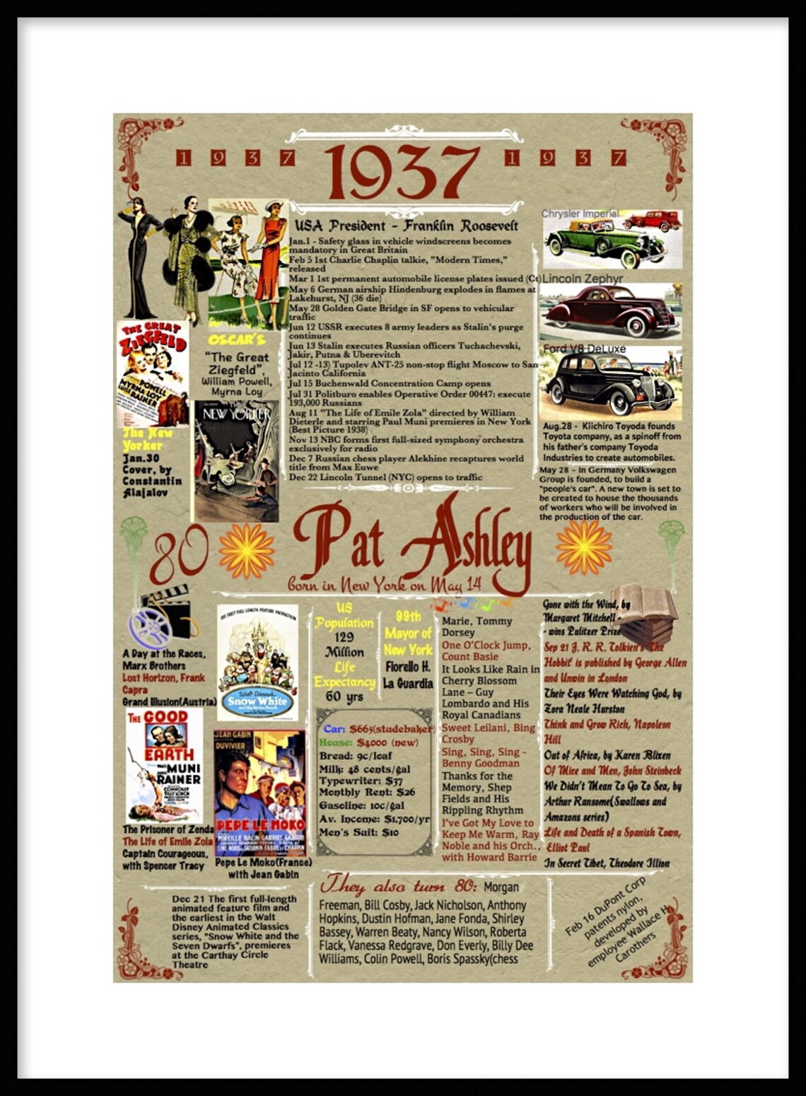Born 1937 Poster 86 Year Old Birthday Poster Back in 1937 - Etsy