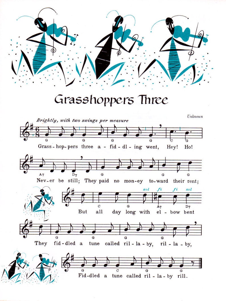 Grasshoppers Three Children Song 1952 Illustration for Poem - Etsy