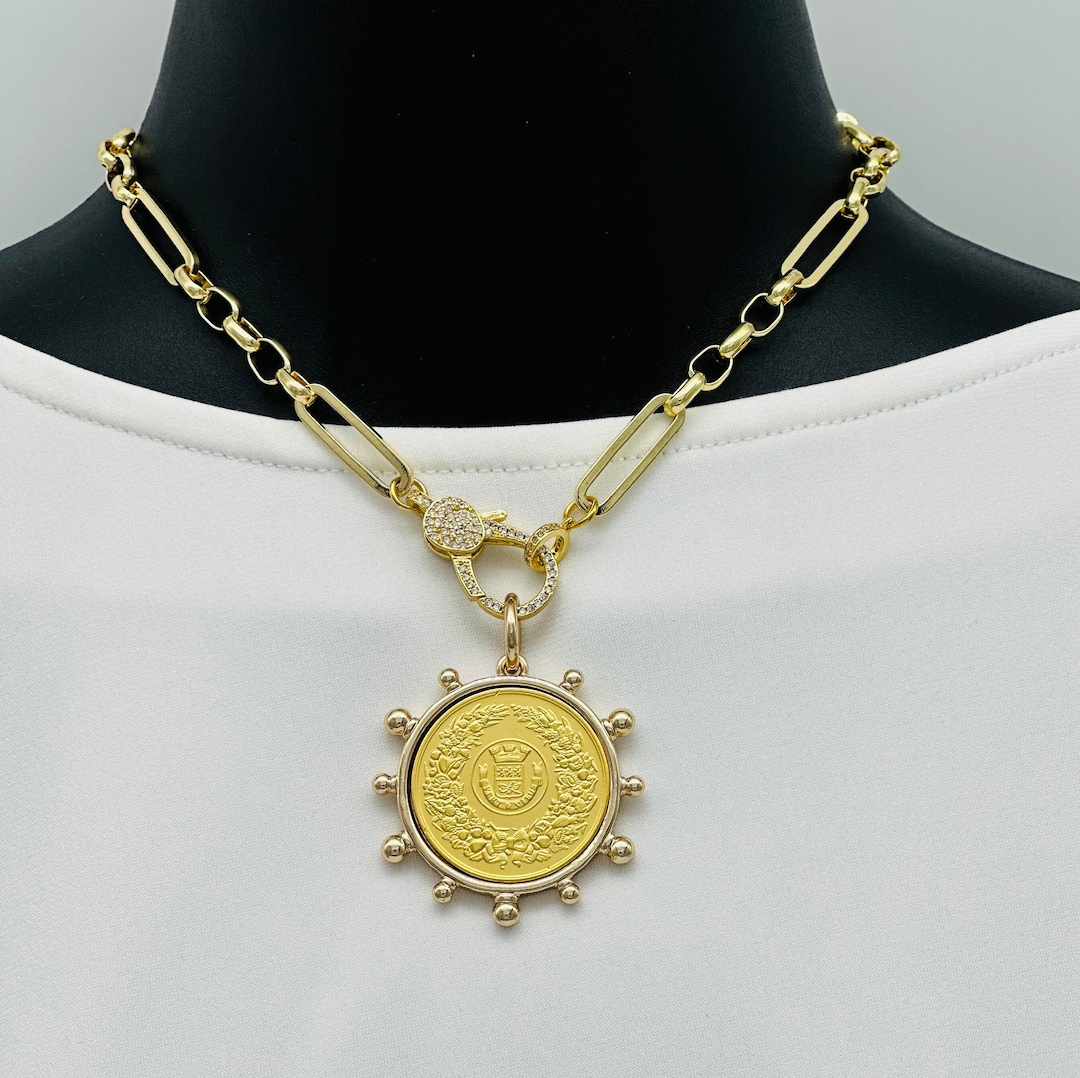 Gold Coin Pendant Necklace. Paperclip Chain. French Replica Coin. - Etsy