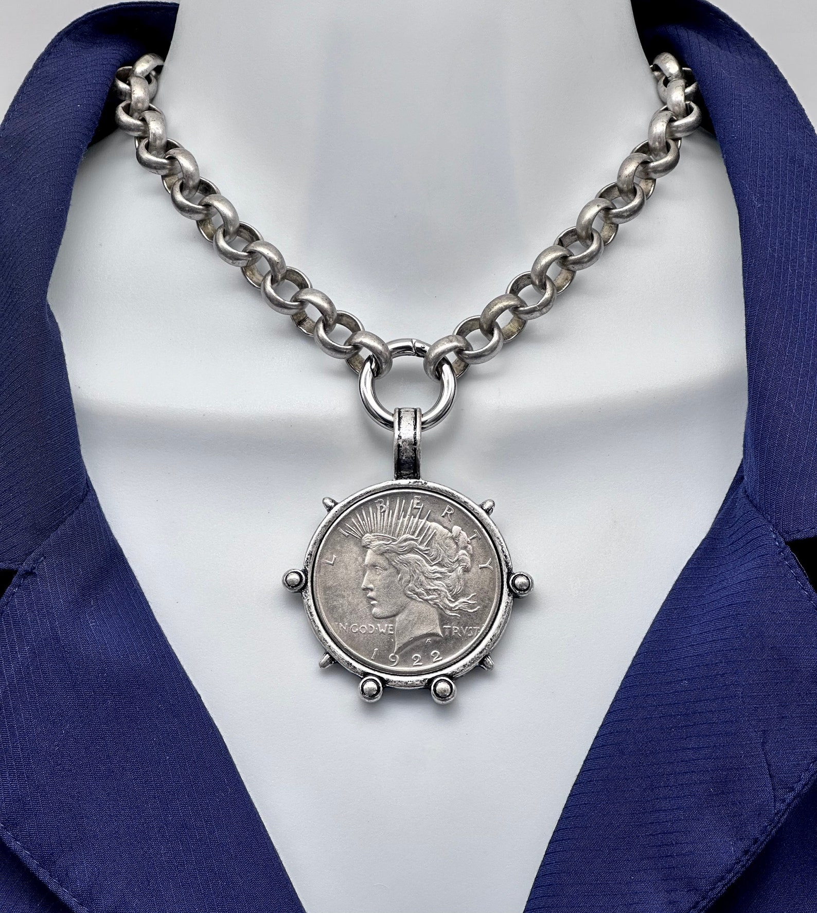 Large Antiqued Silver Rolo Chain Necklace. Large Replica Silver Coin ...