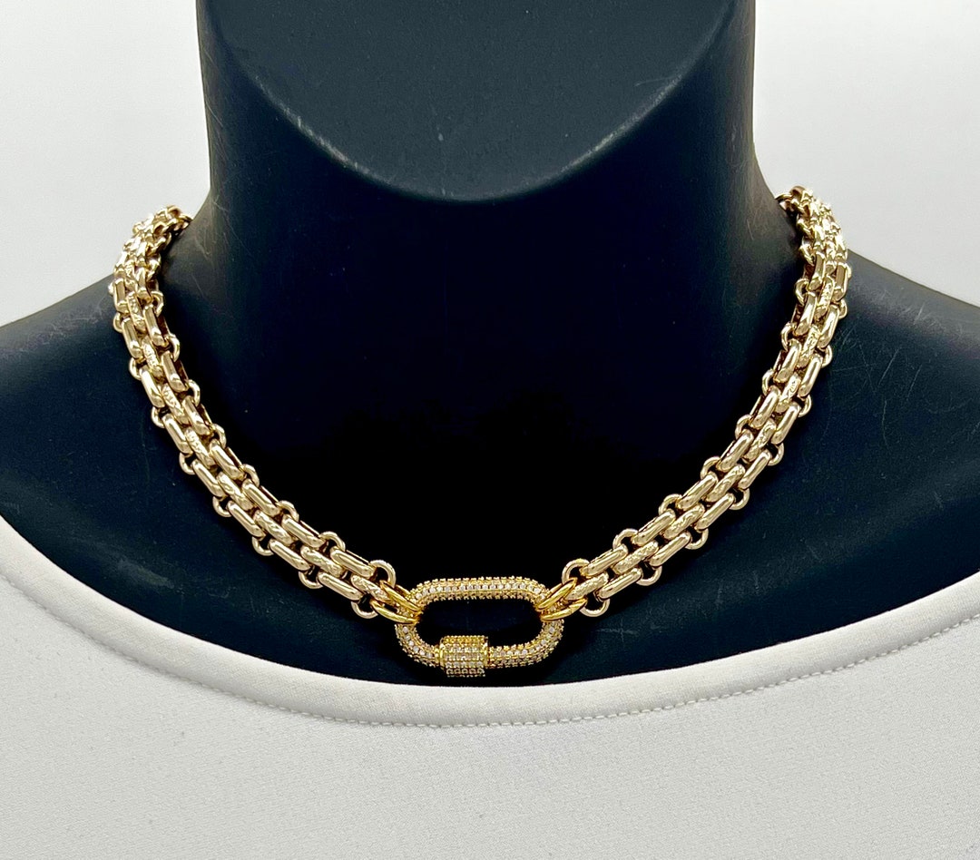 Gold Chain Necklace. Double Link Chain. Pave Carabiner Screw Clasp ...