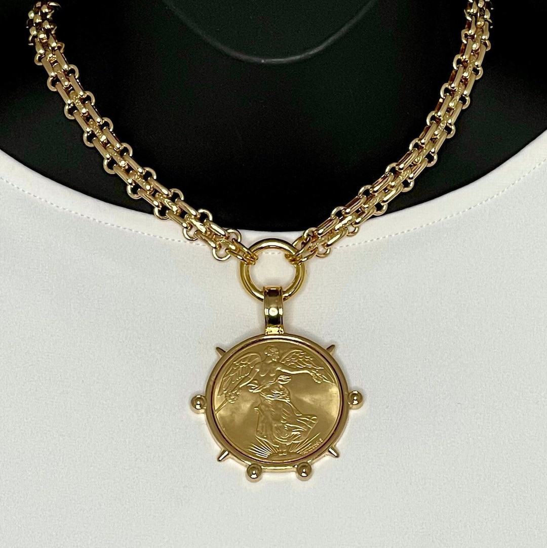 Gold Chain Necklace. Large Coin. Commemorative Coin. Chunky Chain ...