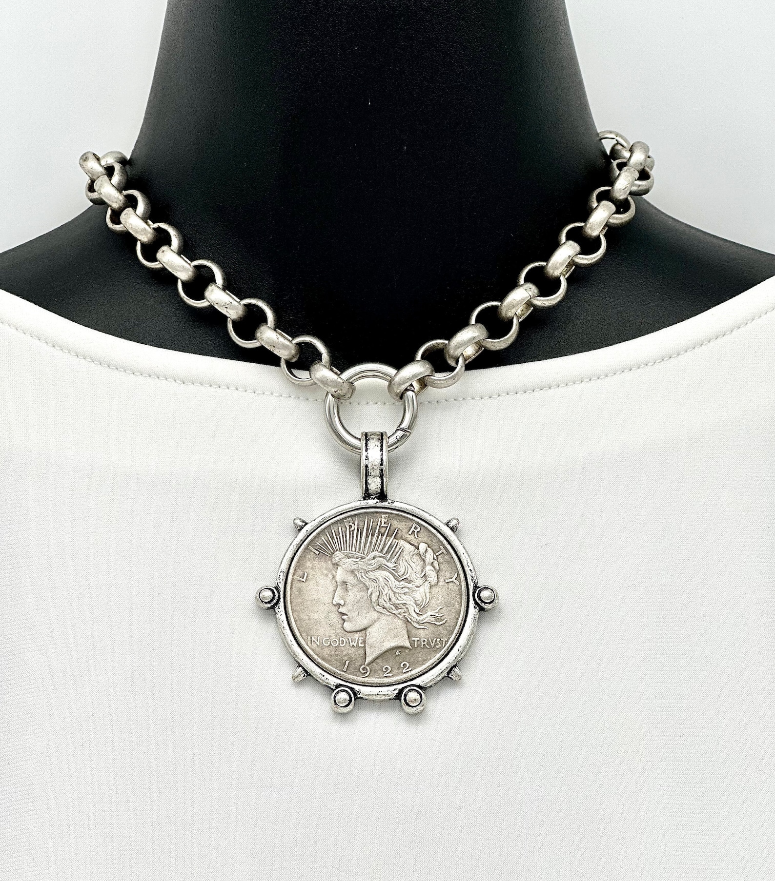 Large Antiqued Silver Rolo Chain Necklace. Large Replica Silver Coin ...