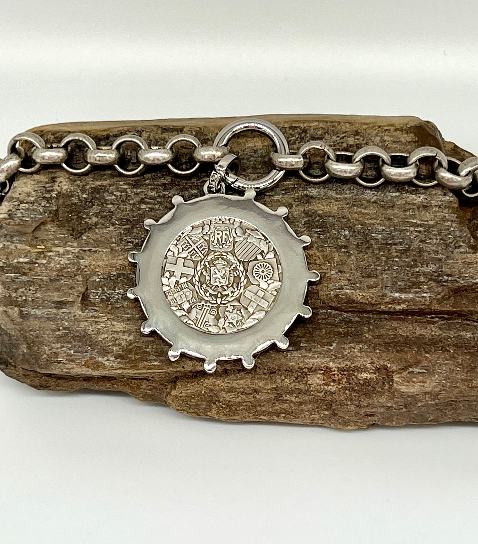 Large Antiqued Silver Rolo Chain Necklace. Large Replica Silver Coin ...