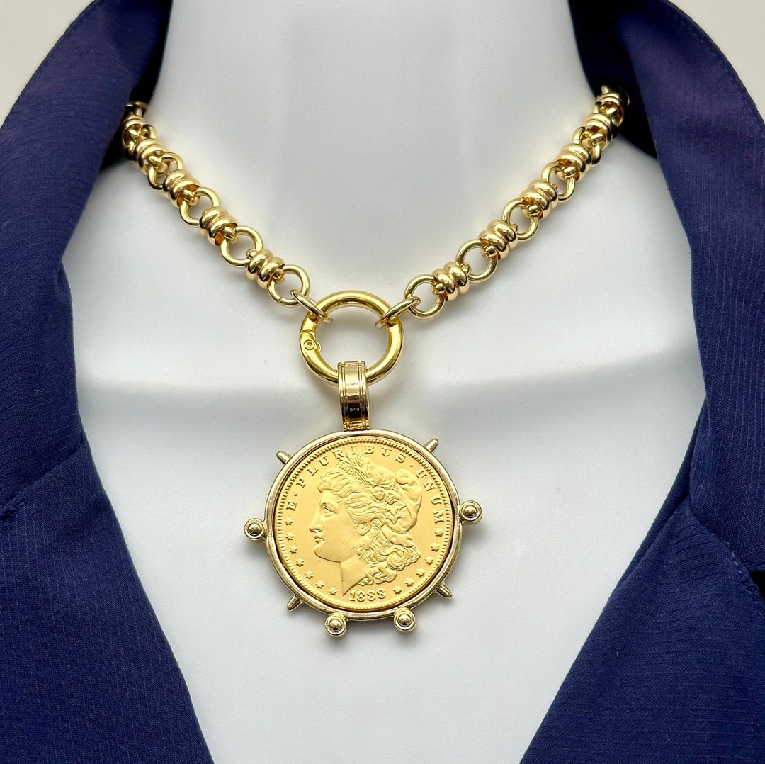 Large Gold Morgan Coin Pendant Necklace. Morgan Peace Dollar Replica ...