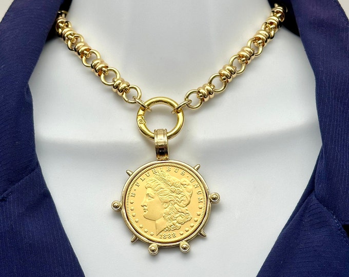 Large Gold Morgan Coin Pendant Necklace. Morgan Peace Dollar Replica ...
