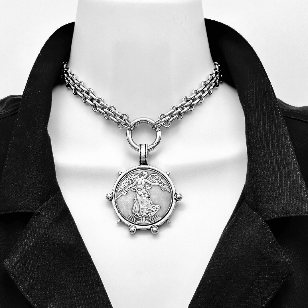 Large Silver Double Link Chain Necklace. Extra Large Coin Pendant. Art ...