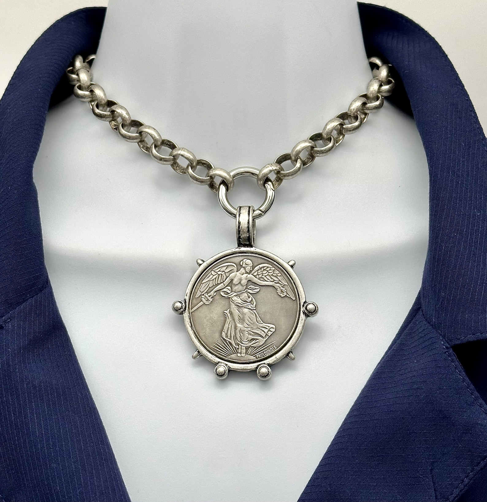Large Antiqued Silver Rolo Chain Necklace. Large Replica Silver Coin ...