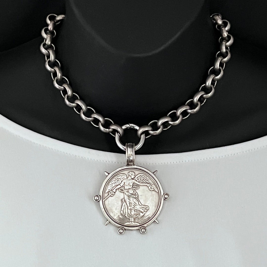 Large Antiqued Silver Rolo Chain Necklace. Large Replica Silver Coin ...