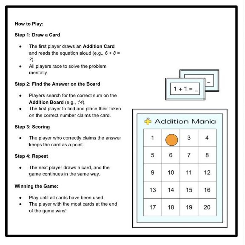 Addition Mania: A Printable Fun & Engaging Addition Facts Game - Etsy