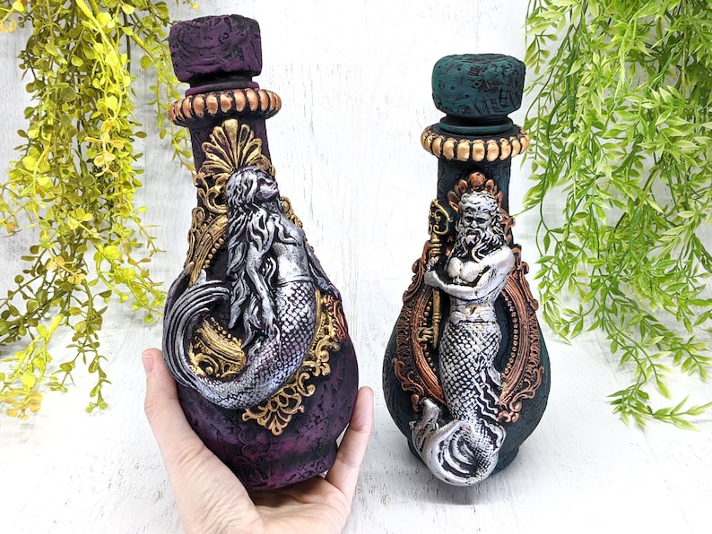 SET Mermaid & Merman Apothecary Jar Potion Bottles Neptune | Etsy