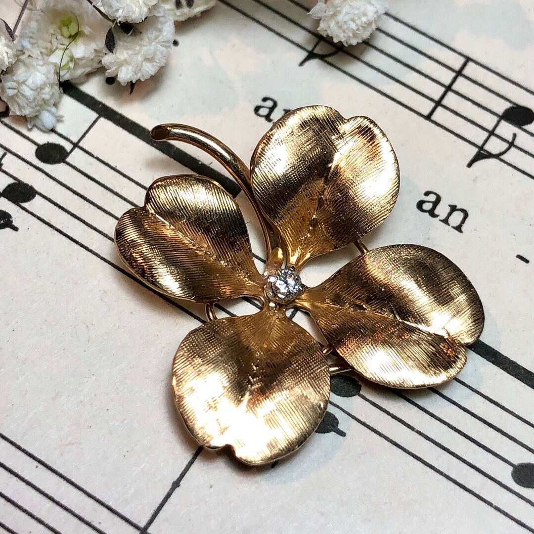 Vintage Midcentury Four Leaf Clover Brooch in 14k Gold and Diamond 27 X ...