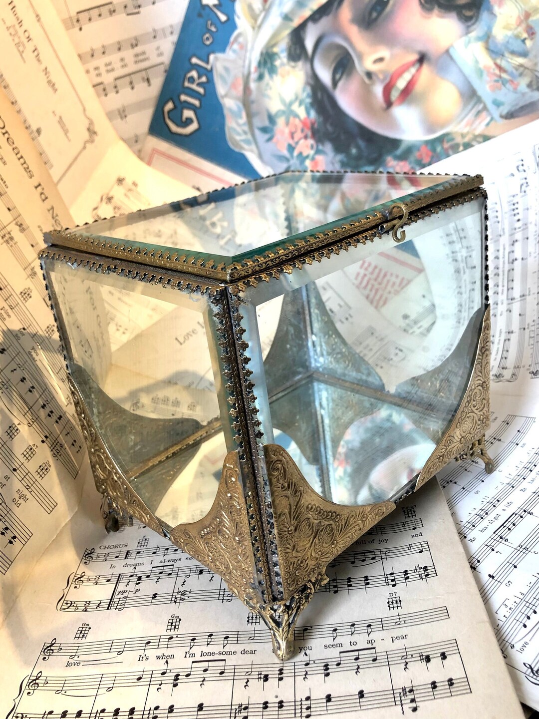 French Antique Display Case Beveled Glass Box Footed With Ornate Gilded ...