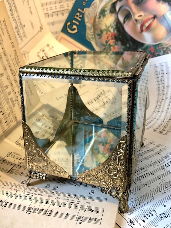 French Antique Display Case Beveled Glass Box Footed… - Gem