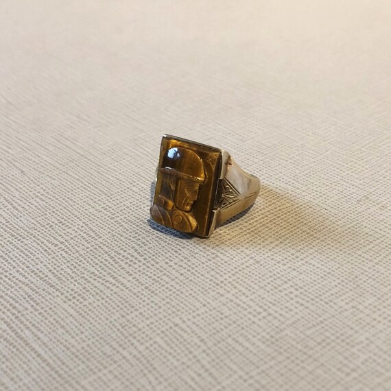 Vintage WWII Soldier Signet Tigers Eye Cameo Ring 10k… - Gem