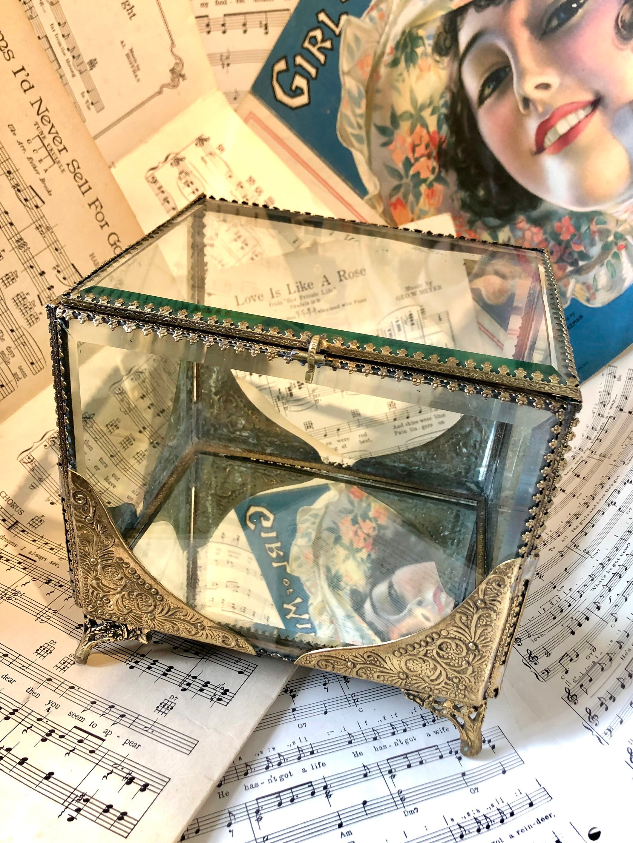 French Antique Display Case Beveled Glass Box Footed With Ornate Gilded ...