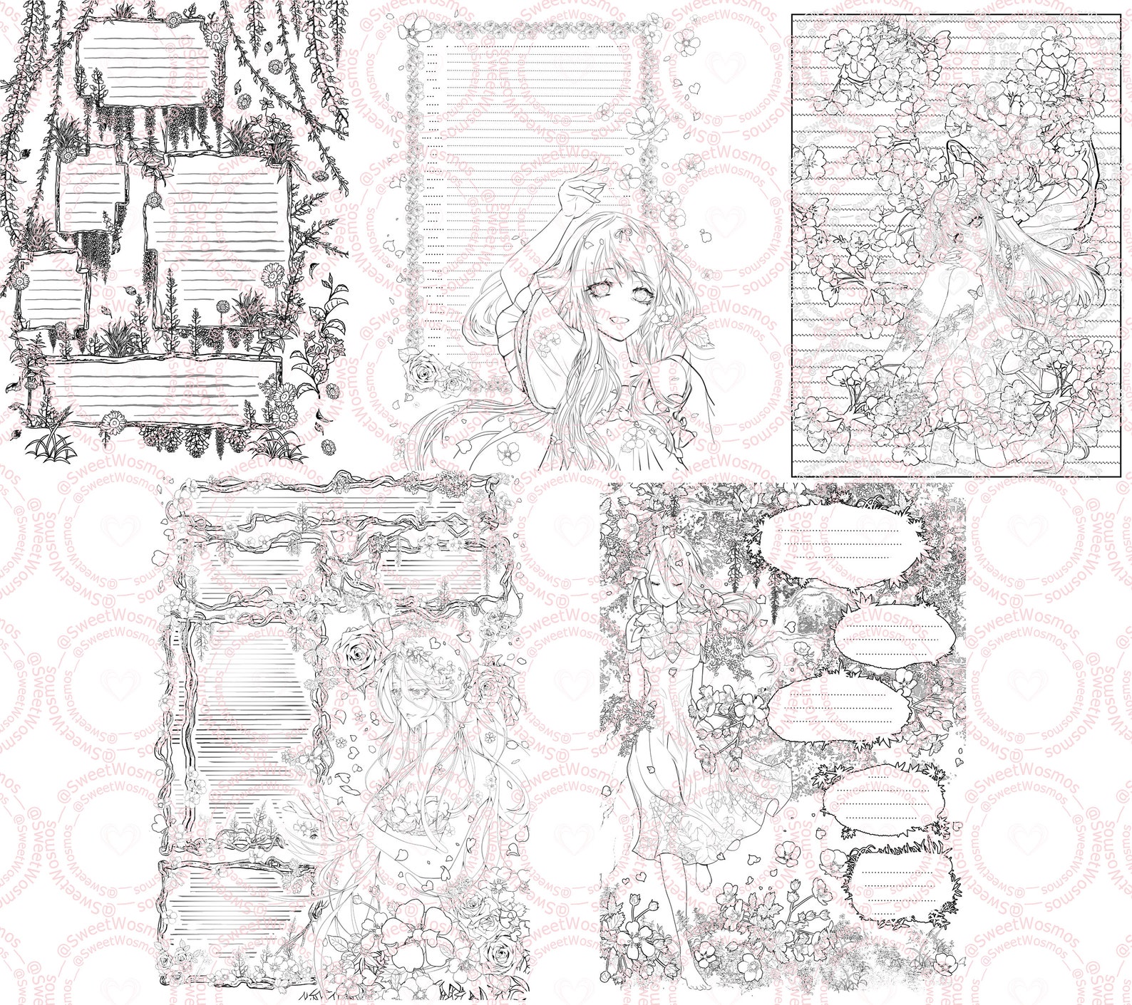 Flower and Foliage Coloring Page Journal Page 5-pack - Etsy