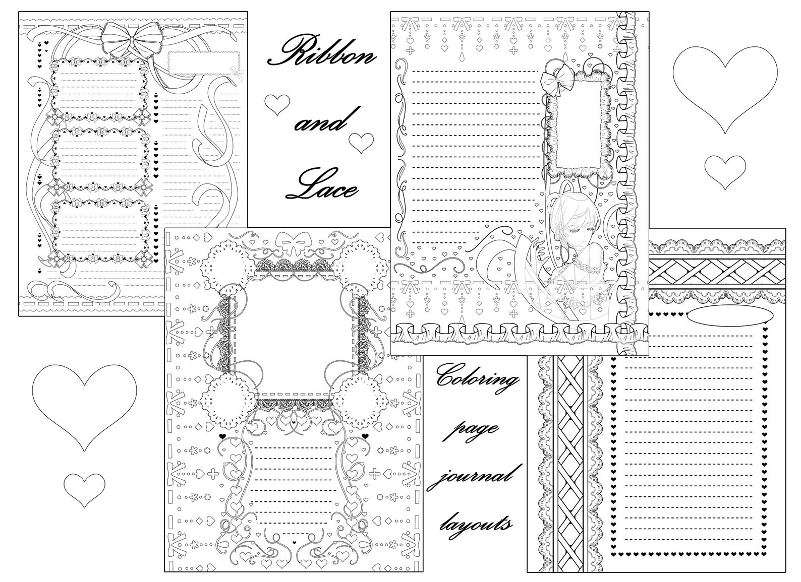 Ribbon and Lace Coloring Page Journal Page 5-pack - Etsy