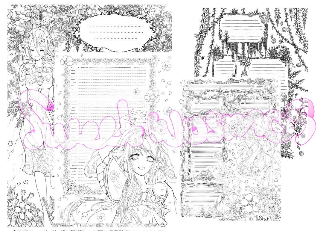 Flower and Foliage Coloring Page Journal Page 4-pack - Etsy