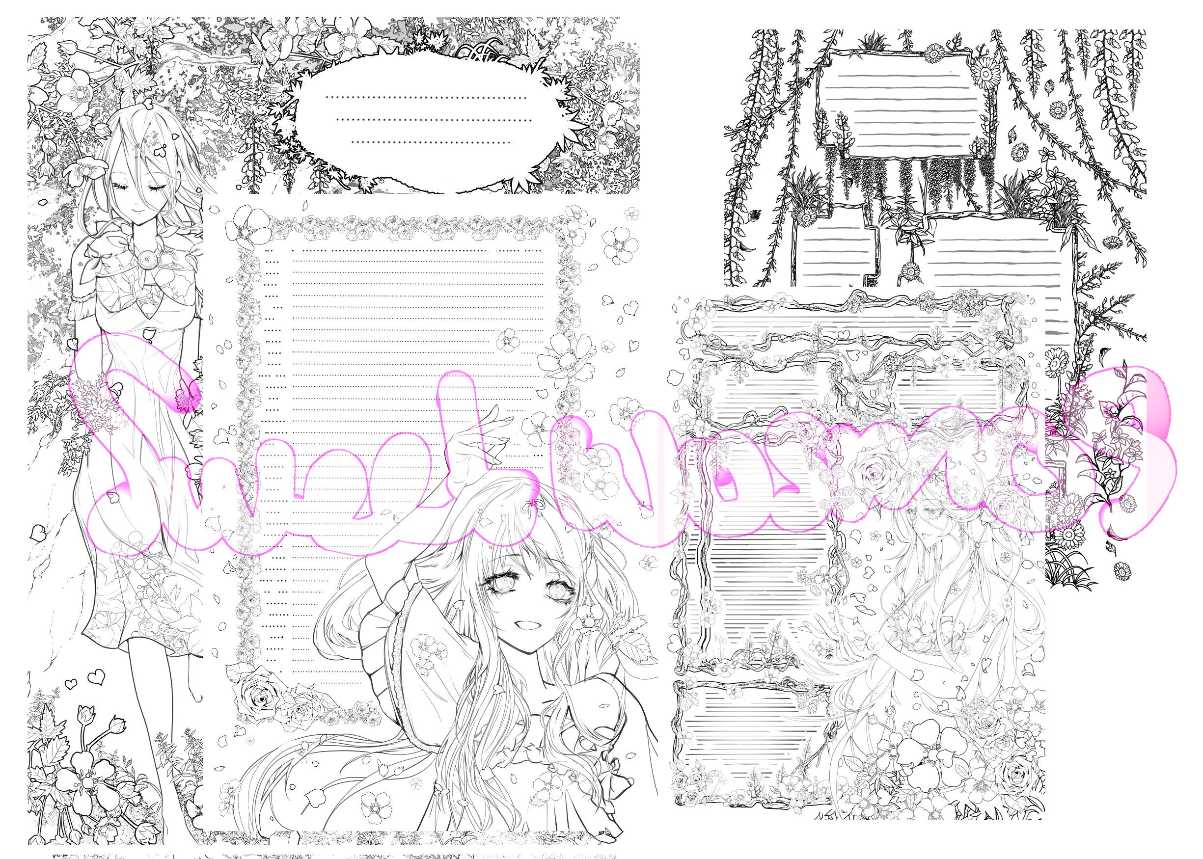 Flower and Foliage Coloring Page Journal Page 4-pack - Etsy