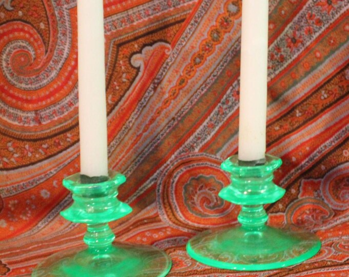 Set of Very Cool Vintage Green Uranium Vaseline Glass Candle Holders ...