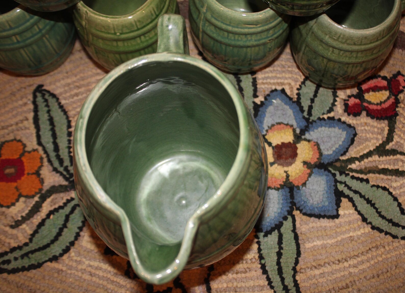 Wonderful Green Glaze Stoneware Brush Mccoy Pottery Barrel Pitcher With ...