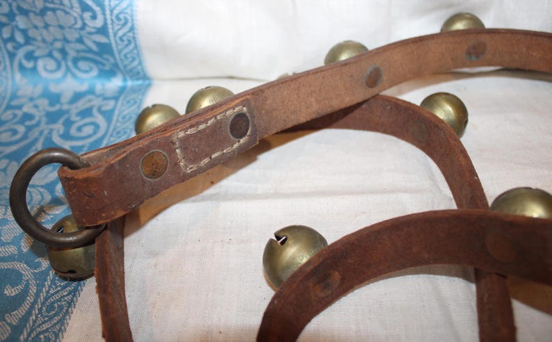 Wonderful 19th Century Brass Sleigh Bells on Original Leather Strap-24 ...