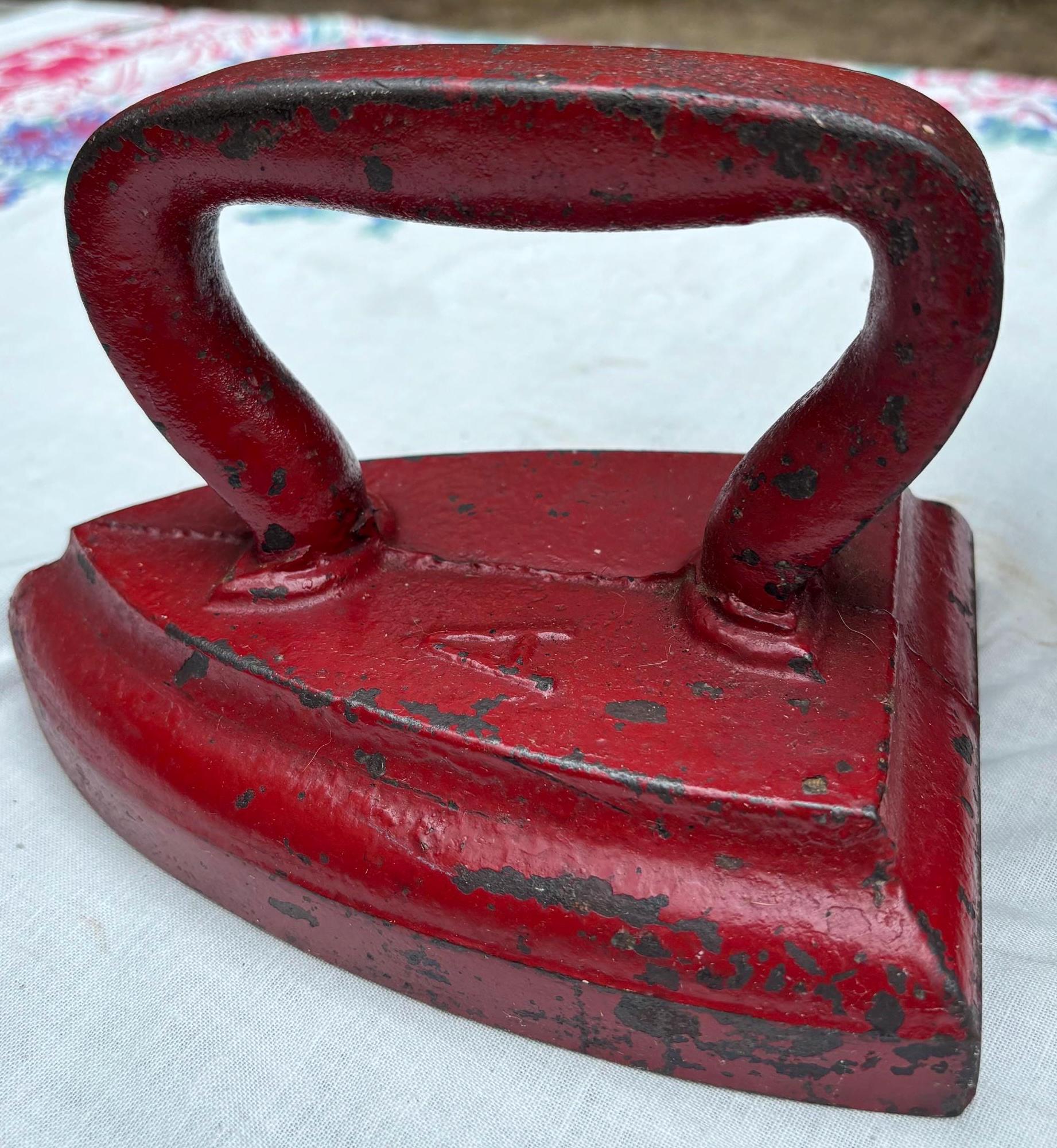 Very Nice Cast Iron Sad Iron in Chippy Red Paint- Great as a Bookend or ...