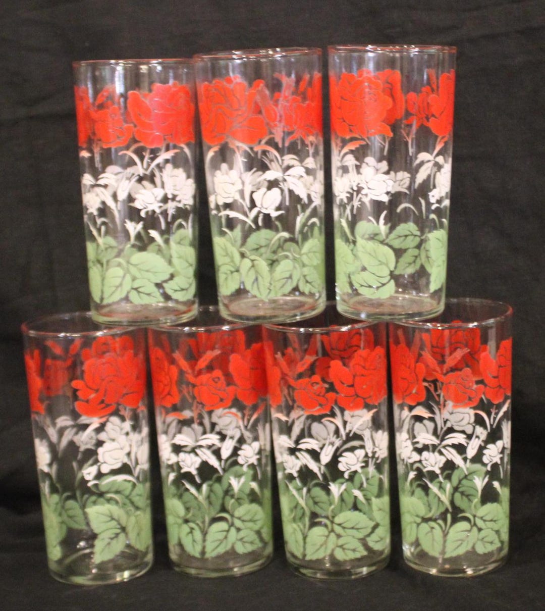 Set of Seven Vintage Midcentury Red Rose Beverage Glasses With a ...
