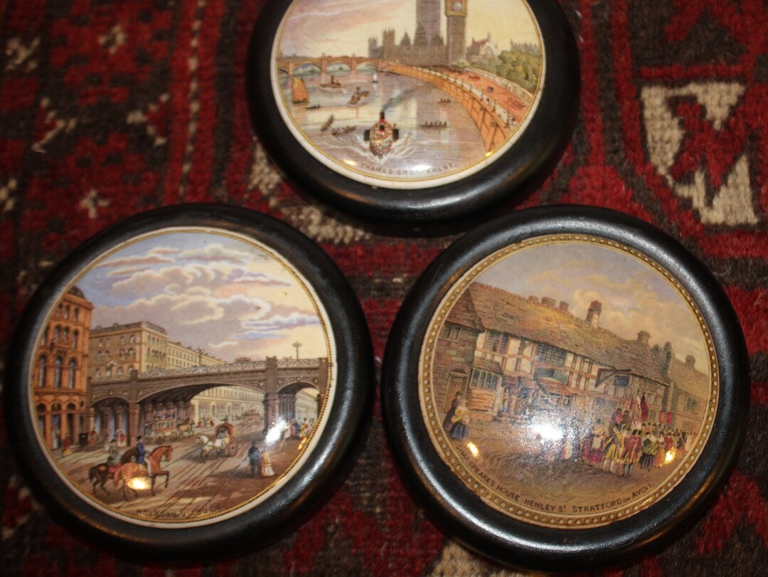 Gorgeous Set of 3 Framed Pratt Ware Antique English Pot Lids- 19th ...