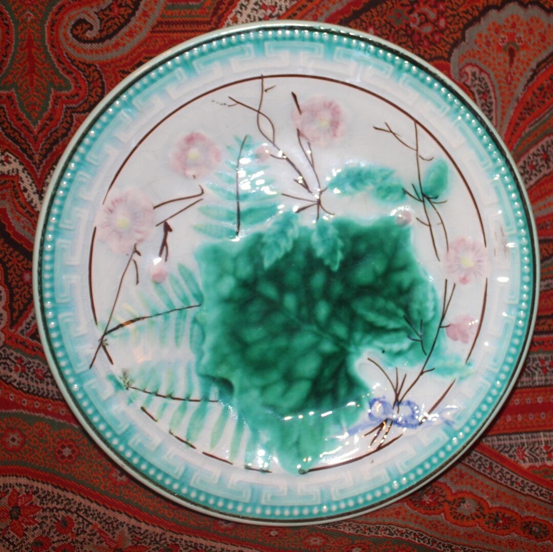 Gorgeous 19th Century Sage Green Majolica Plate With Ferns and Pink ...