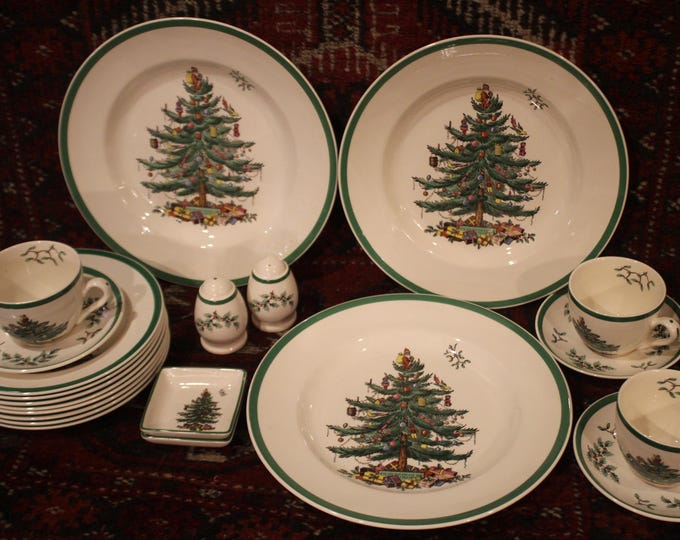 Set of 28 Spode CHRISTMAS TREE Dinner Salad Bread Plates Sugar S P Cups ...