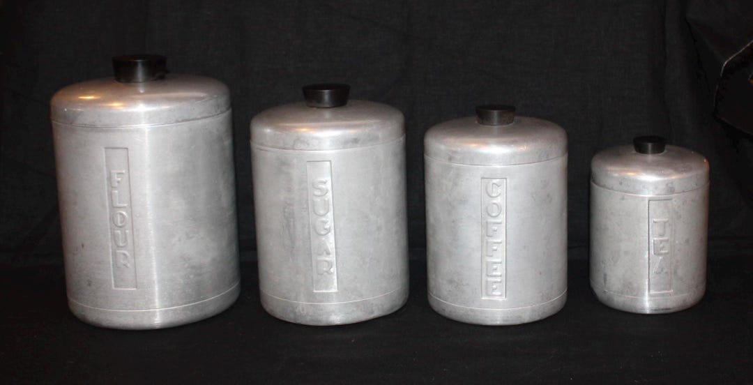 Vintage Retro Midcentury Tin Kitchen Canister Set- Sugar/coffee/tea ...