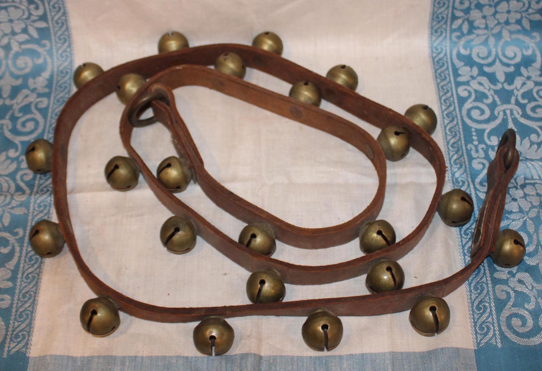Wonderful 19th Century Brass Sleigh Bells on Original Leather Strap-24 ...