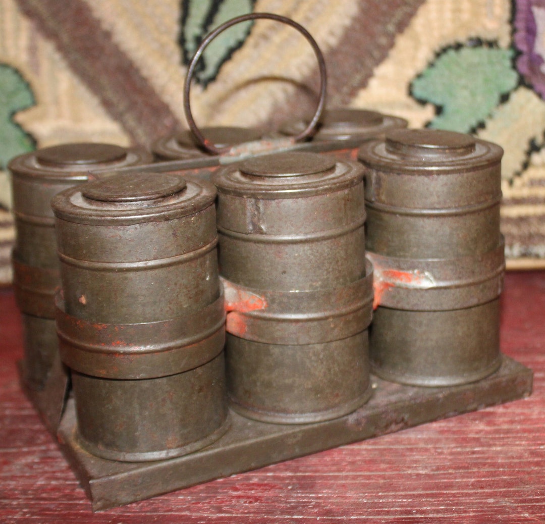 Very Cool Antique 19th Century Tin Spice Caddy With 6 Spice Shakers- so ...