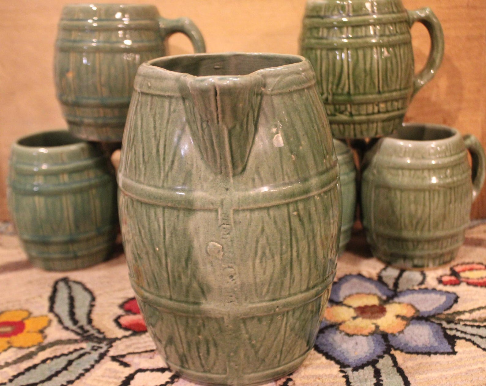 Wonderful Green Glaze Stoneware Brush Mccoy Pottery Barrel Pitcher With ...