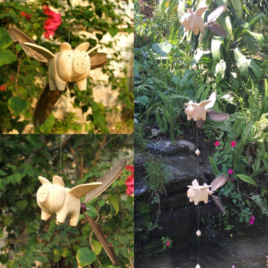 Flying Pig Wood Wind Spinner | When Pigs Fly Hanging Mobile | Whirligig ...
