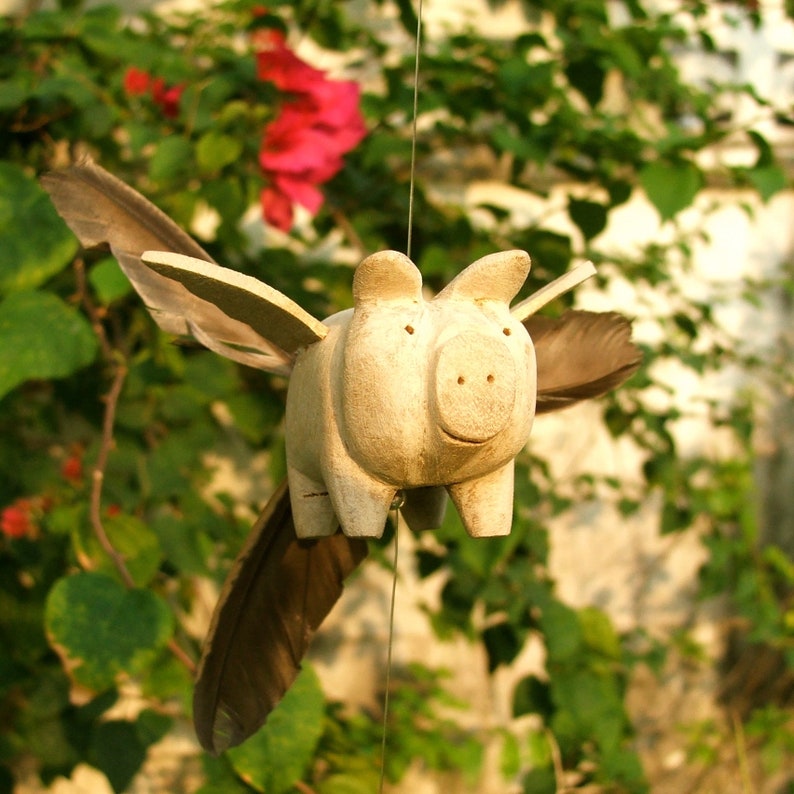 Flying Pig Wood Wind Spinner | When Pigs Fly Hanging Mobile | Whirligig ...