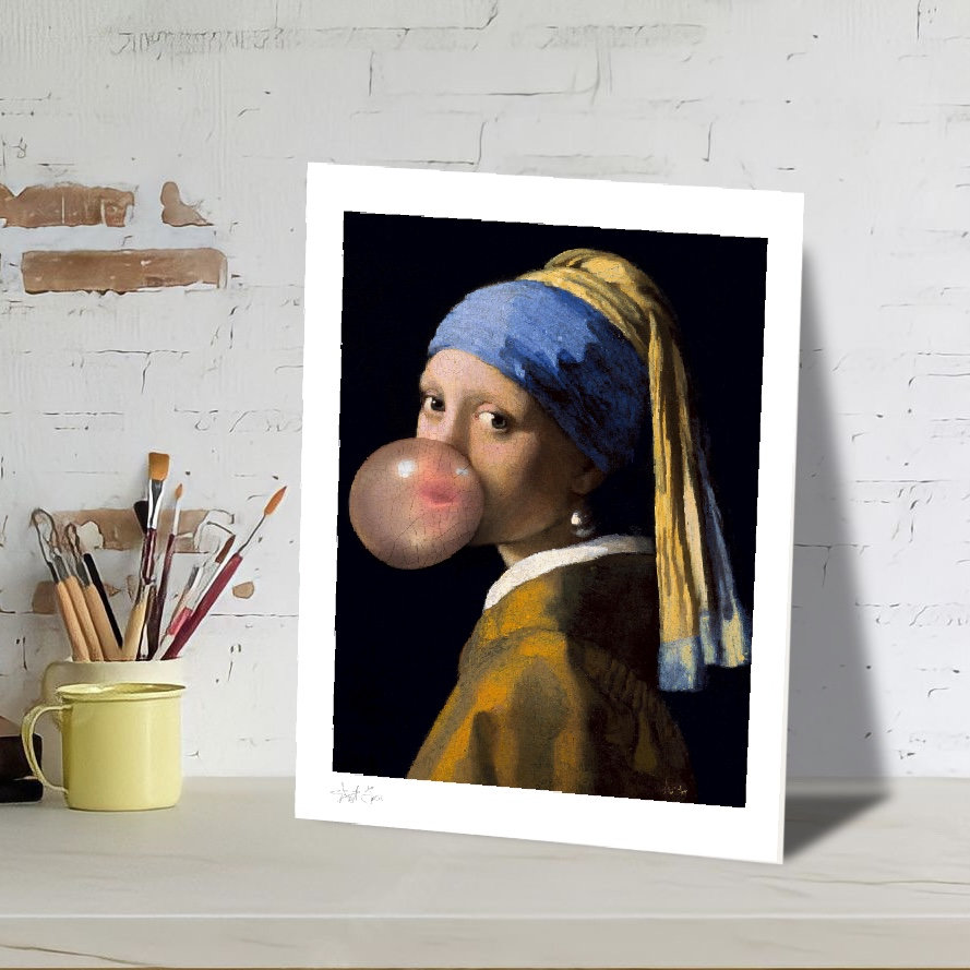 Meisje met een roze bubbel Fine Art Paper Print van Ant Fox met ...