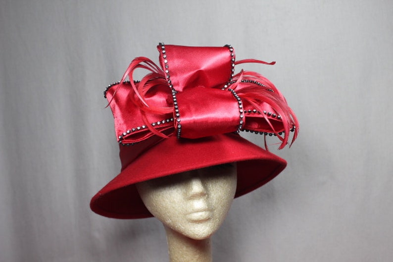 Flamboyant Red Felt 80s/90s Hat Feathers and Rhinestone Fringed Bows - Etsy