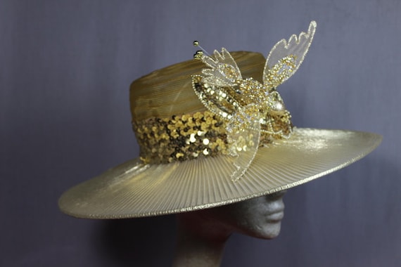 Flamboyant Gold 80s Dynasty Style Hat Weddings Church… - Gem