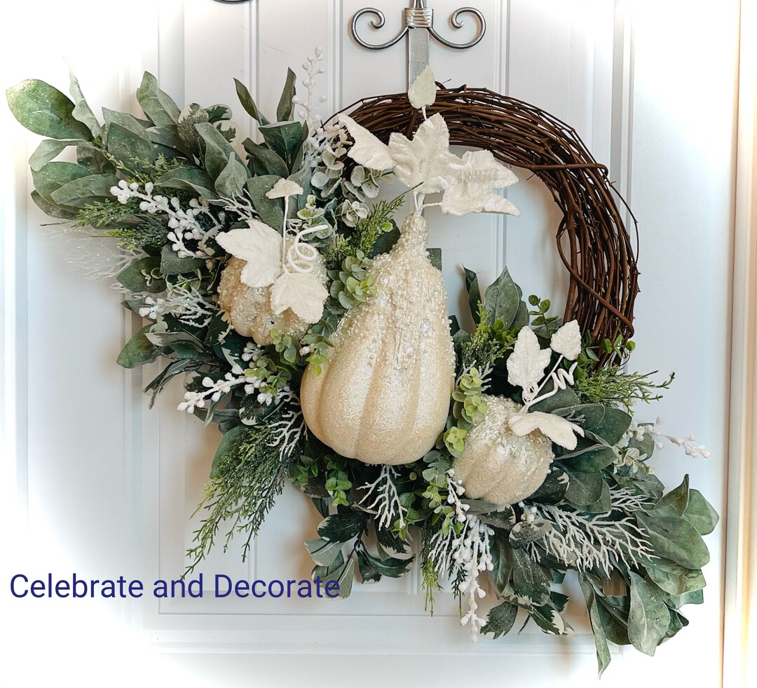 Elegant White Fall Harvest Gourd and Pumpkin Wreath for Front Door ...