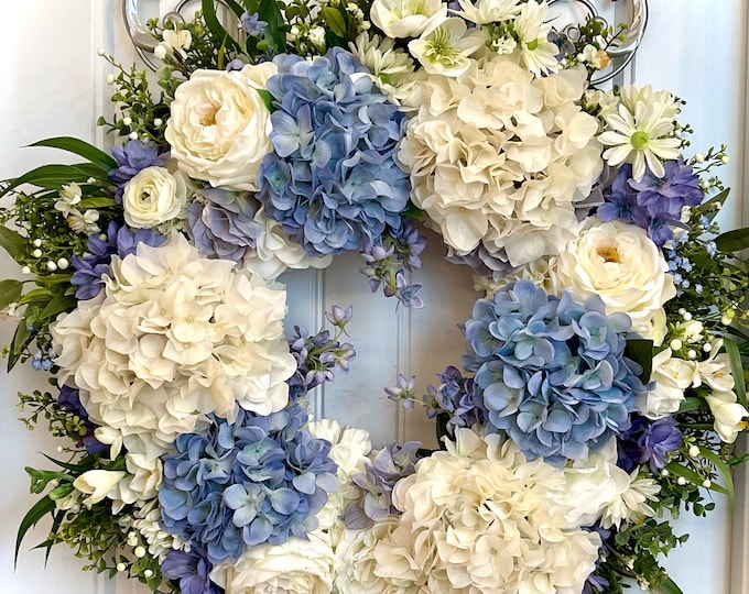 READY TO SHIP Blue and White Spring Cottage Garden Floral Wreath for ...