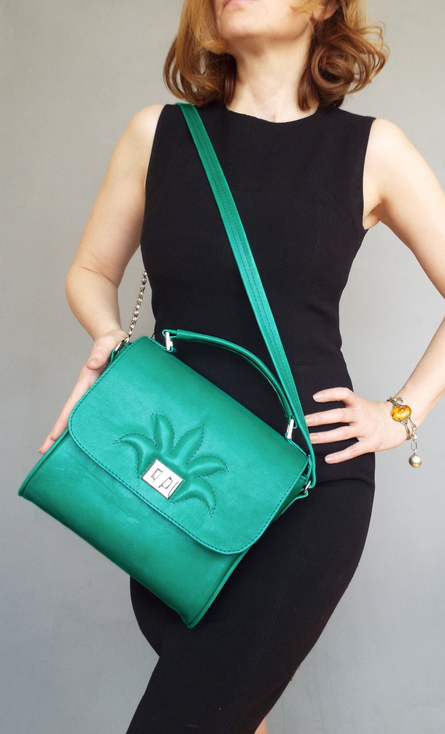 Green Leather Handbag. Green Saddle Leather Purse. Green Embossed ...