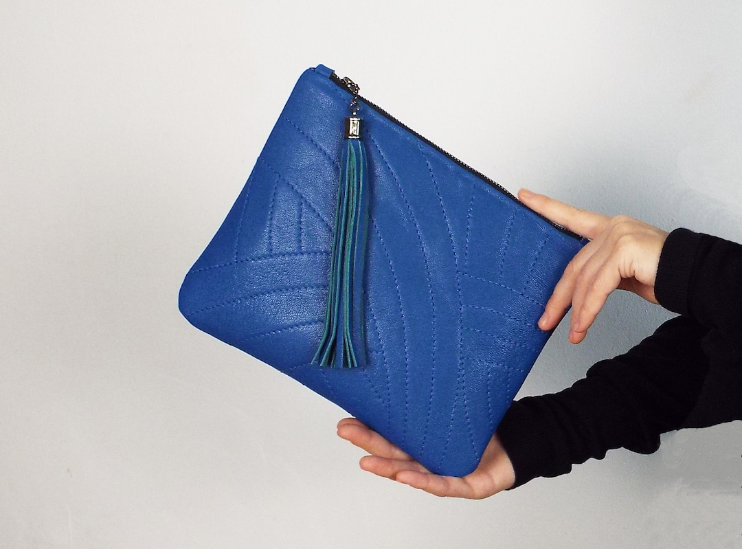 Blue Leather Clutch Bag, Quilted Evening Purse With Tassel - Etsy