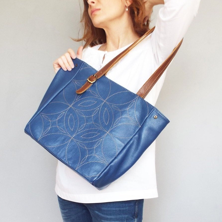 Leather Tote Bag. Blue Leather Tote. Tote Bag Leather. Embroidered ...