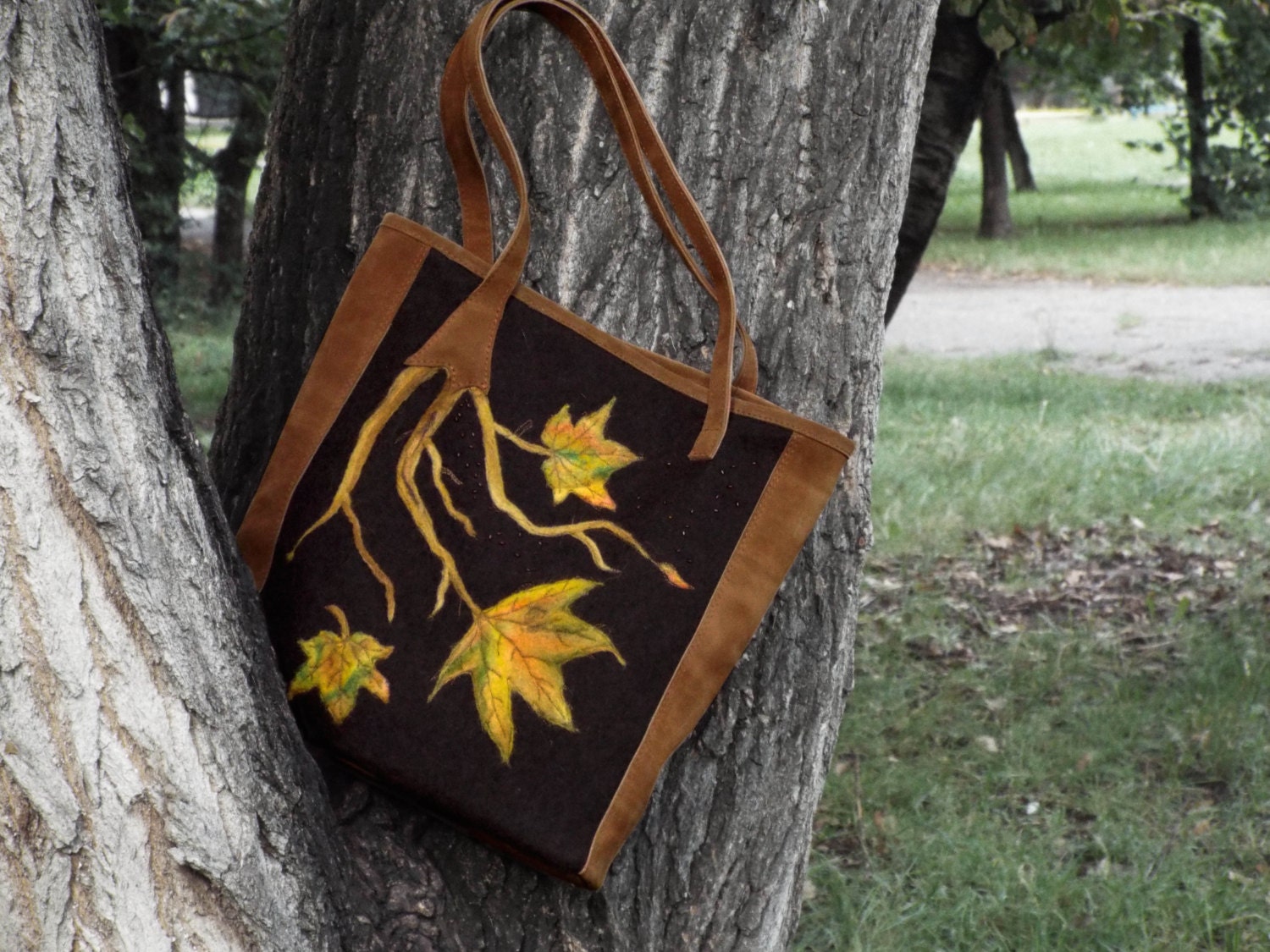 Suede and Felt Brown Tote Bag. Fall Leaves Decor Purse, Suede Brown ...