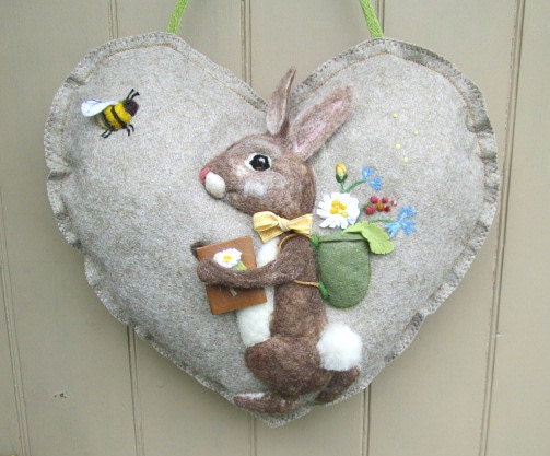 Large Heart Wreath Needle Felted Rabbit on Heart Hanging | Etsy
