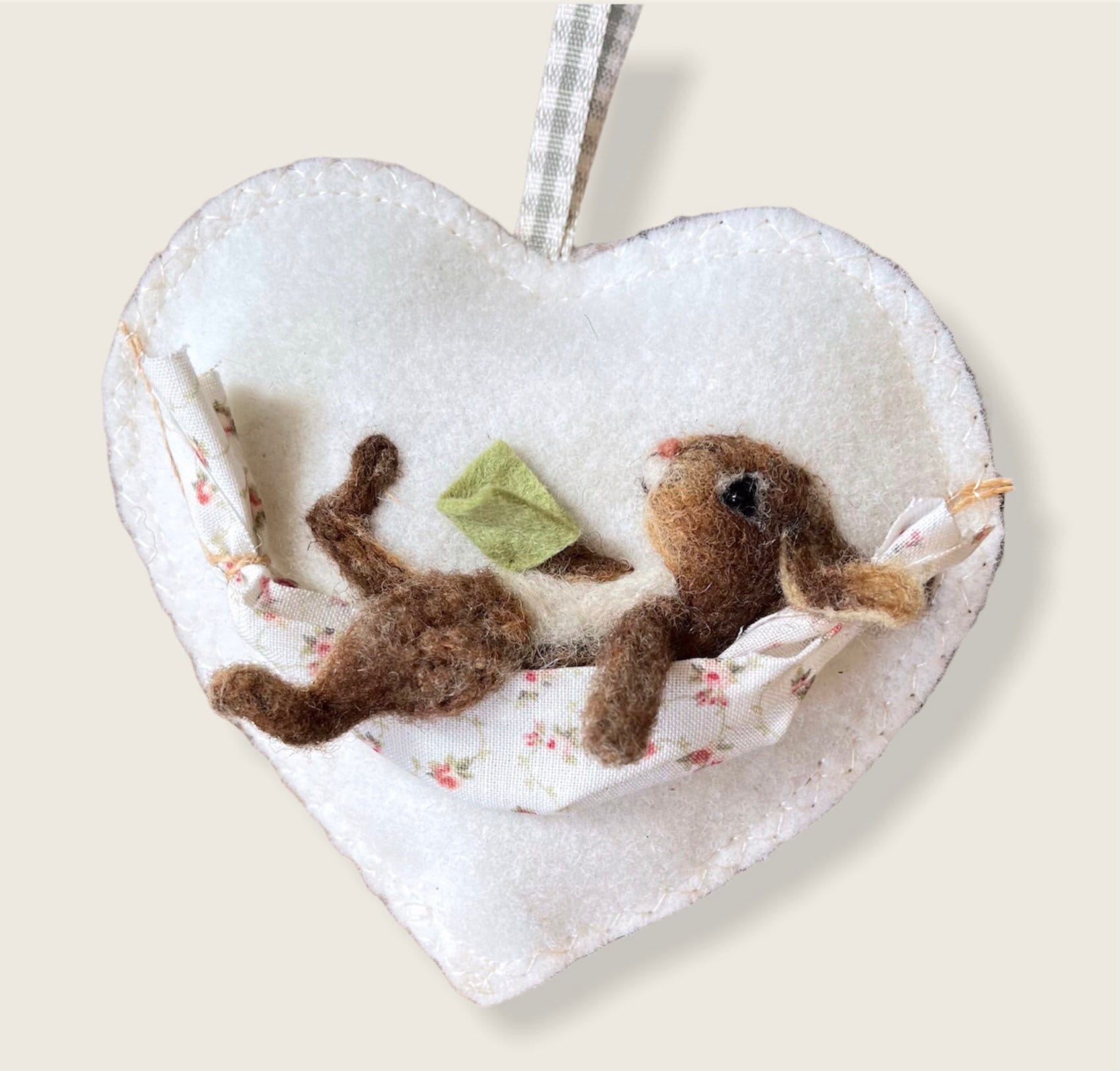 Felt Heart Rabbit Relaxing in a Hammock, Hanging Decoration for a Loved ...