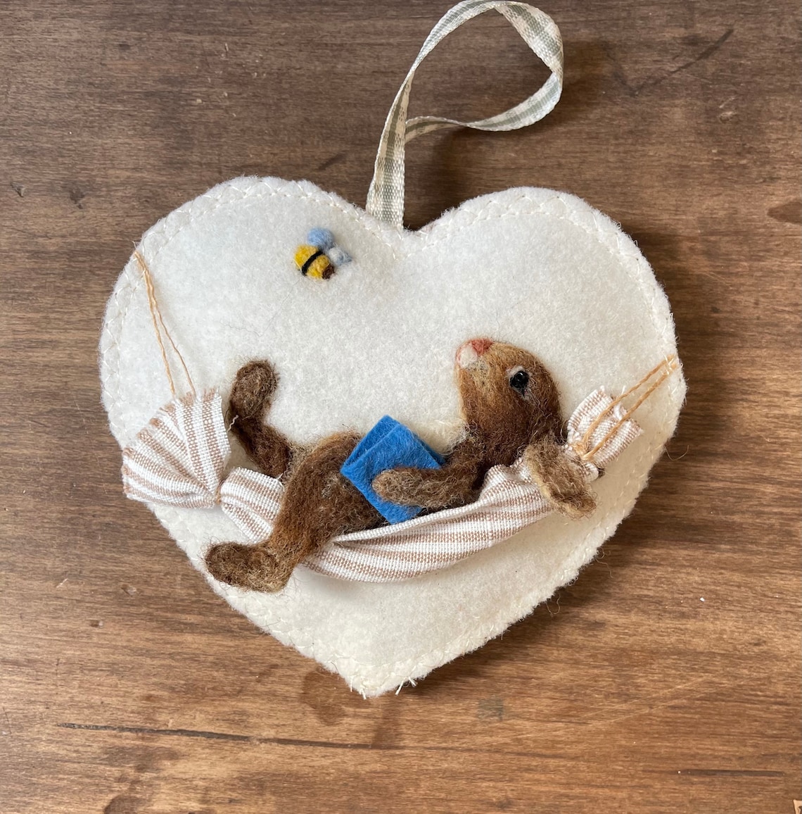 Felt Heart Rabbit Relaxing in a Hammock, Hanging Decoration for a Loved ...